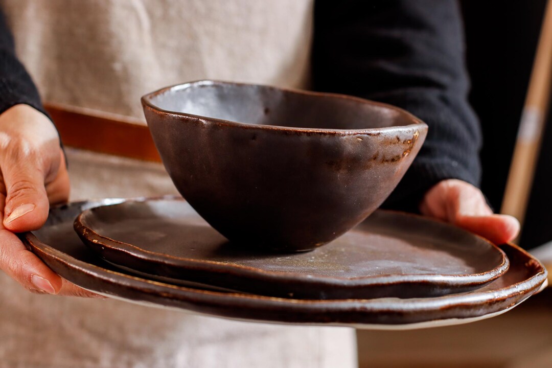 Rustic Brown Stoneware Dinnerware Set: Handmade Ceramic Plates & Bowl ...