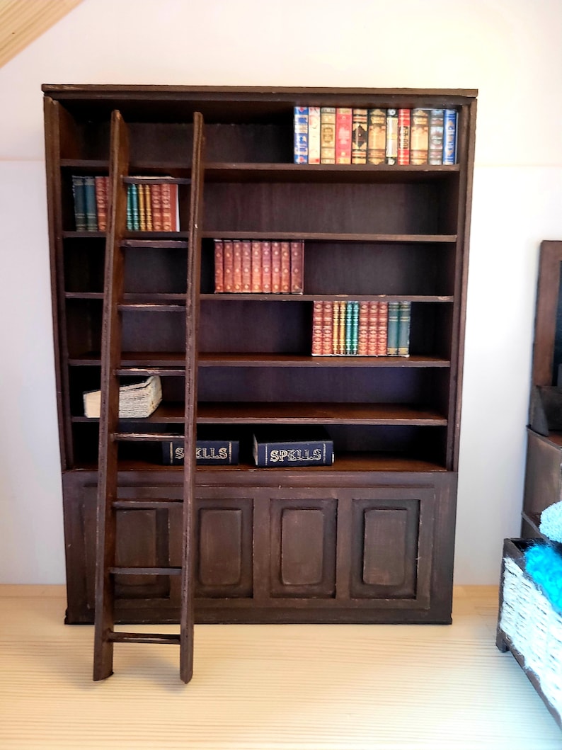 DIY Mini Library Bookcase / Bookshelves 1:12 Scale Dollhouse Miniatures ...