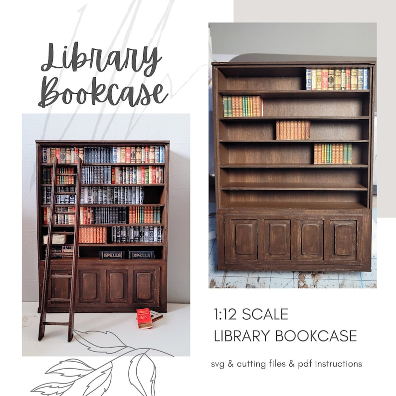 DIY Mini Library Bookcase / Bookshelves 1:12 Scale Dollhouse Miniatures ...