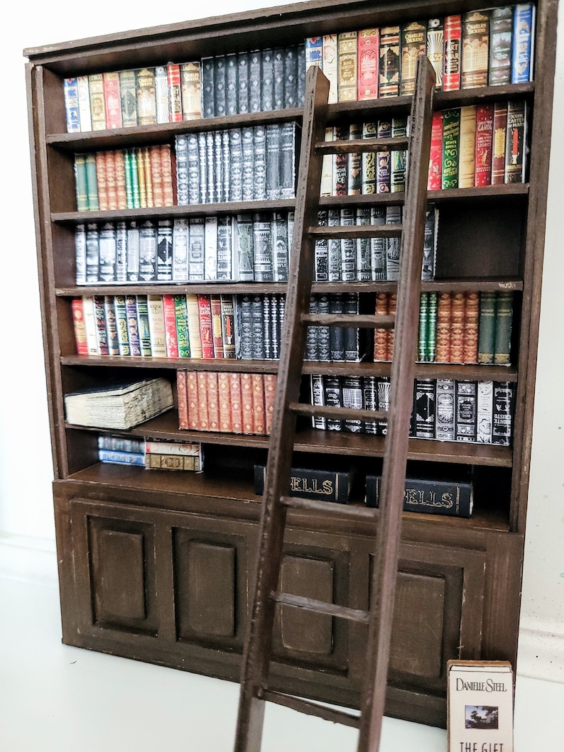 DIY Mini Library Bookcase / Bookshelves 1:12 Scale Dollhouse Miniatures ...