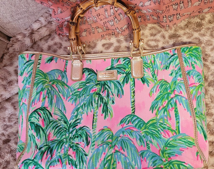 Lilly Pulitzer Greydon Canvas Tote, Lilly Pulitzer Pink Green Palm Tree ...