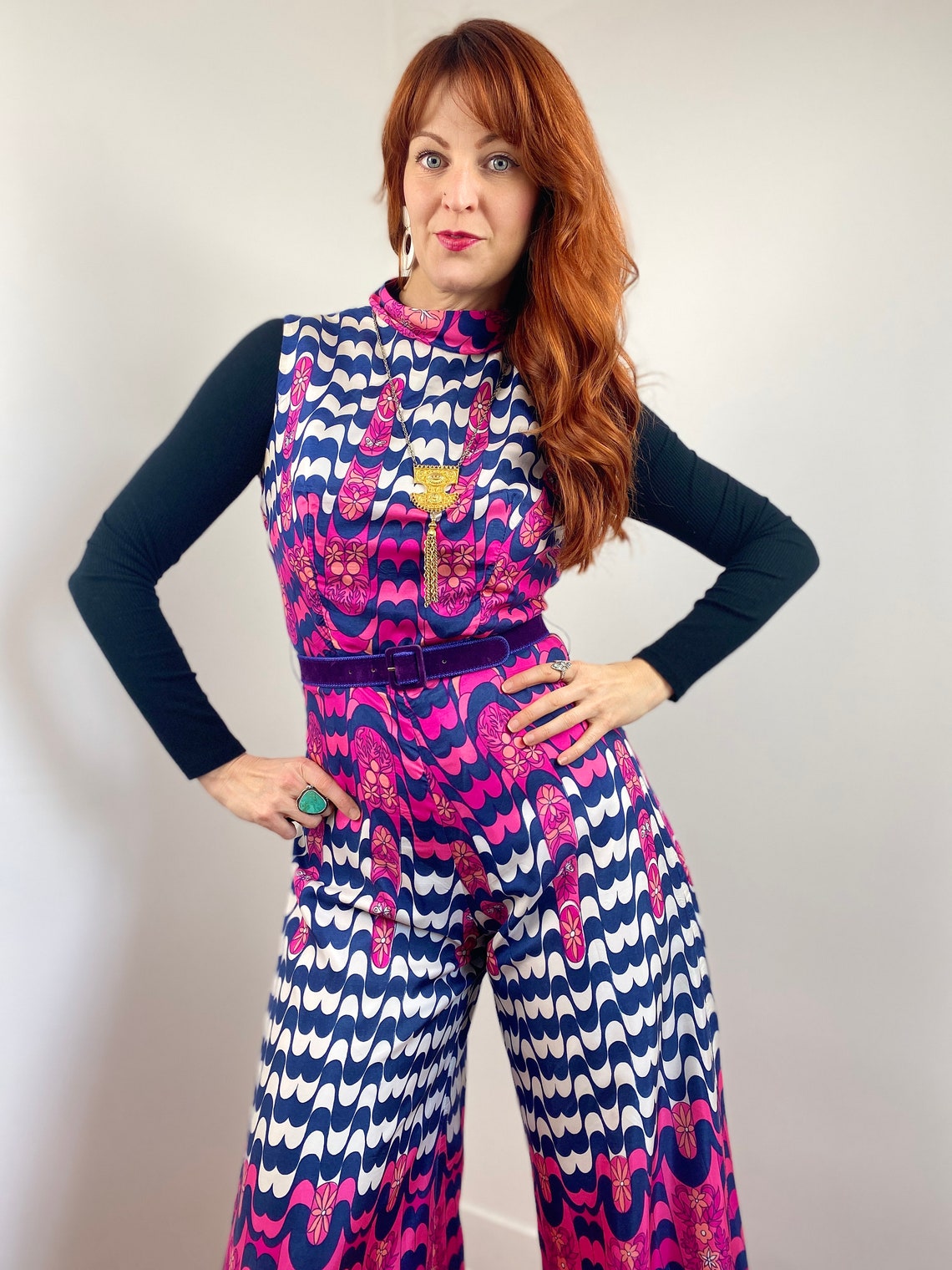 Vintage 60s 70s Wide Leg Mod Print Jumpsuit - Etsy