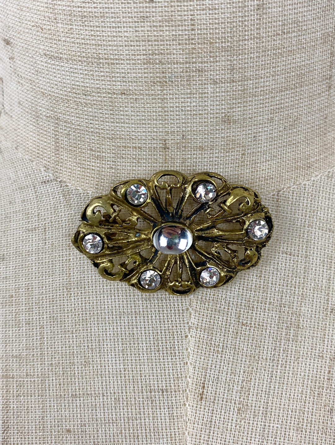 Vintage 70s Deadstock Victorian Style Oval Brooch in Swarovski Crystal ...