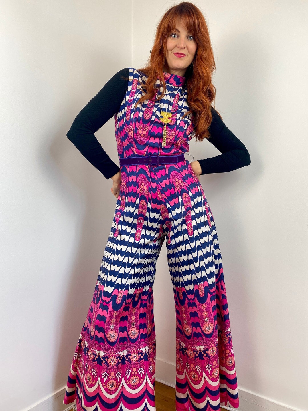 Vintage 60s 70s Wide Leg Mod Print Jumpsuit - Etsy