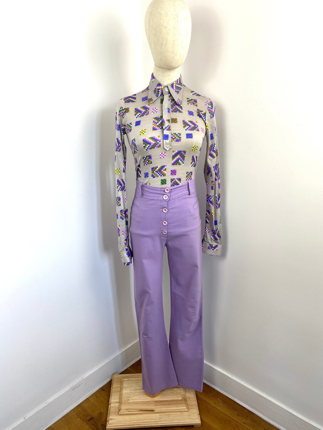 Vintage 70s Geomtric Pattern Dagger Collar Shirt Blouse - Etsy