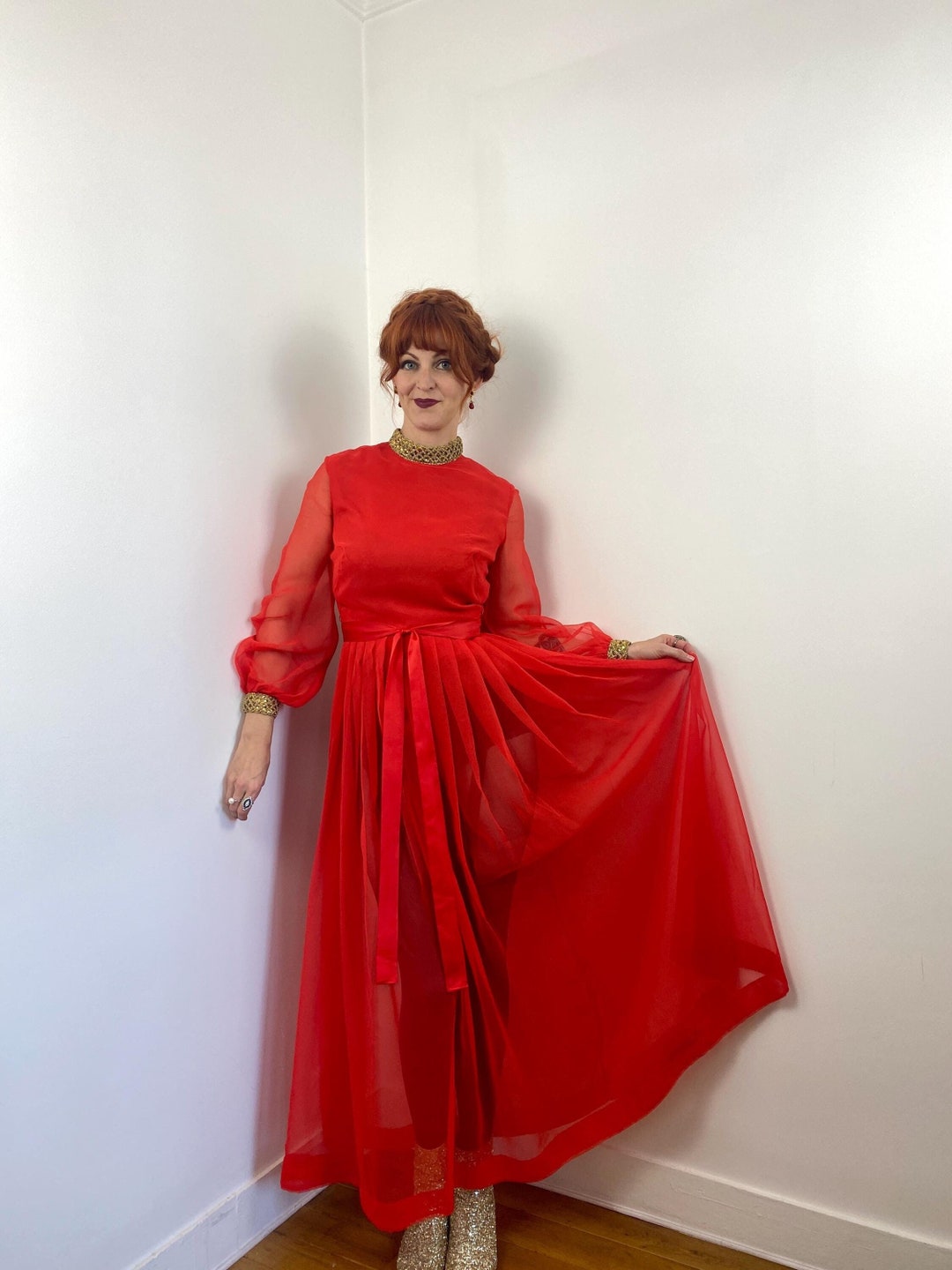 Vintage Clive Byrne Bright Red & Gold Flowing Maxi Dress - Etsy