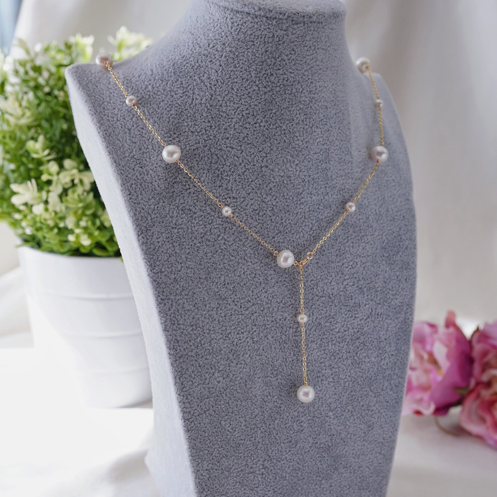 Freshwater Pearl Station Necklace Pearl Y Drop Necklace Etsy Australia