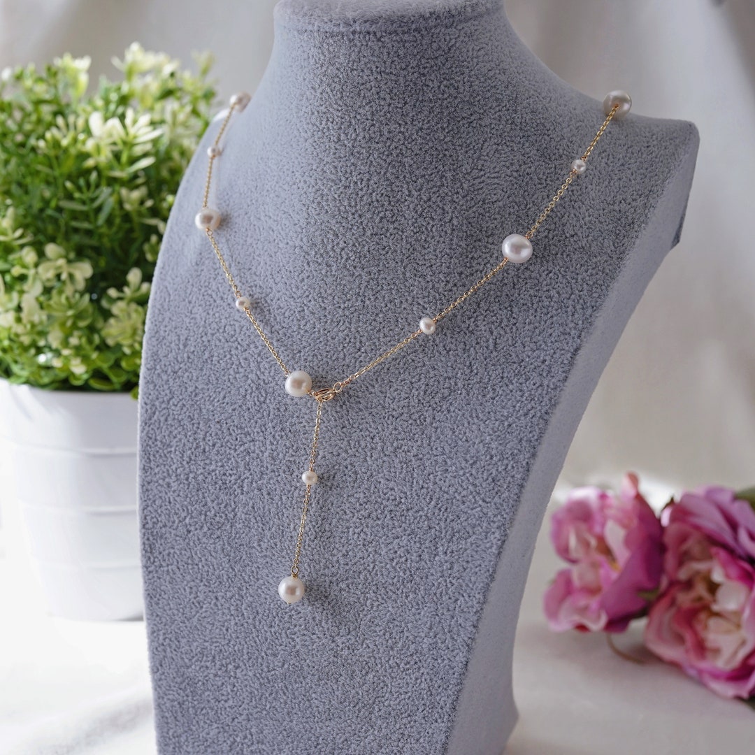Freshwater Pearl Station Necklace Pearl Y Drop Necklace Etsy