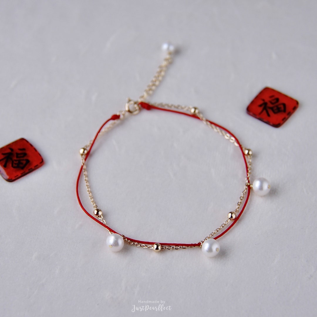 Half Thread Half Chain Pearl Bracelet | Red String Gold Chain Pearl ...