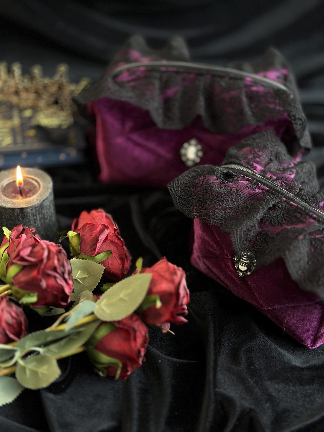 Royalcore Velvet Makeup Bag – Baroque Gothic Cosmetic Pouch With Lace ...