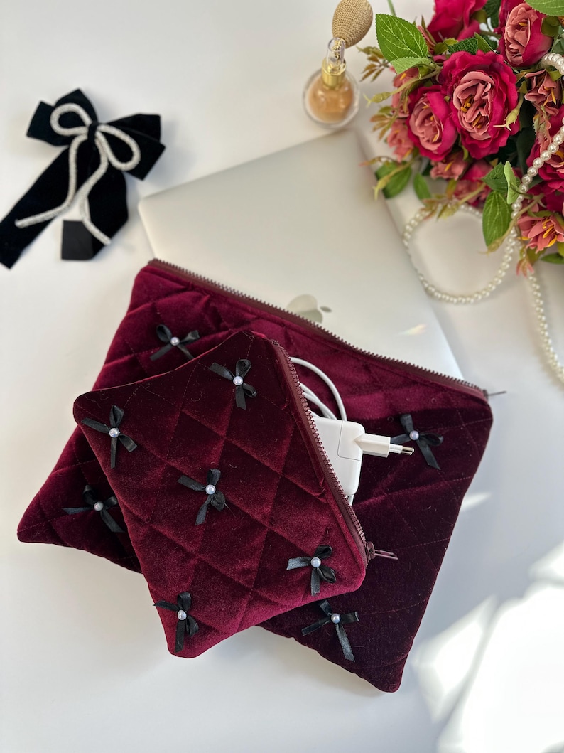 Burgundy Velvet Laptop Sleeve: Handmade Tech Protector With Bows - Etsy