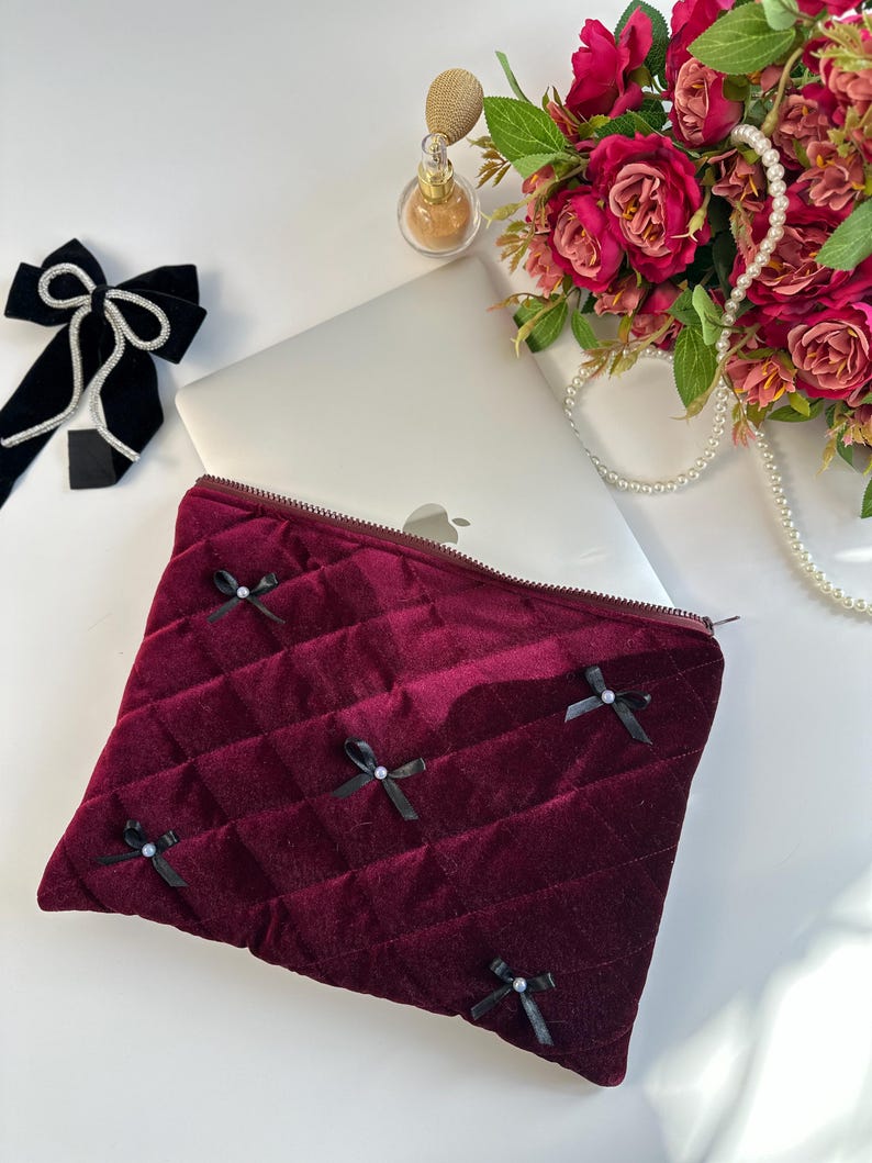 Burgundy Velvet Laptop Sleeve: Handmade Tech Protector With Bows - Etsy
