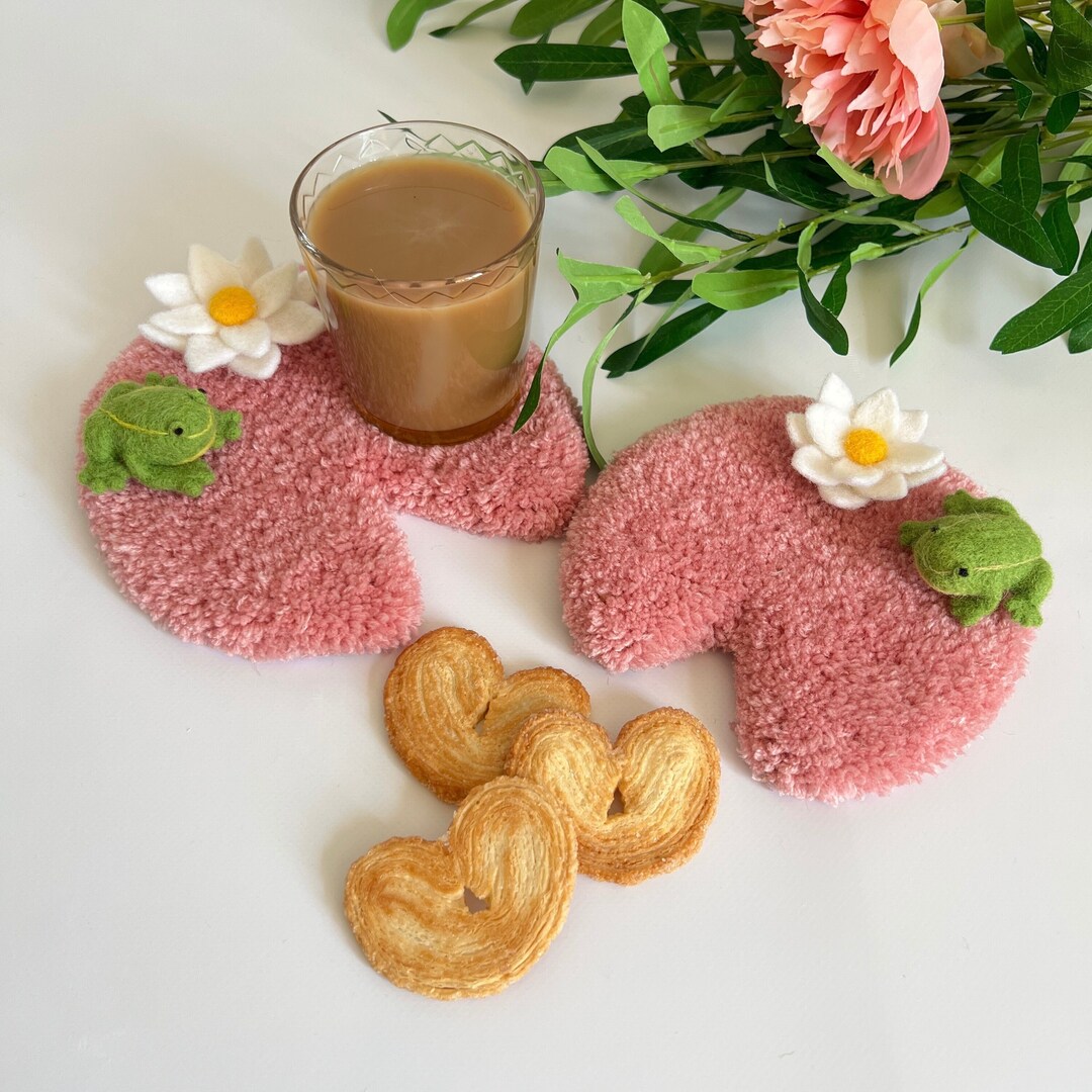 Cute Pink Water Lily With Frog and Lotus Flower Mug Coaster Fluffy ...