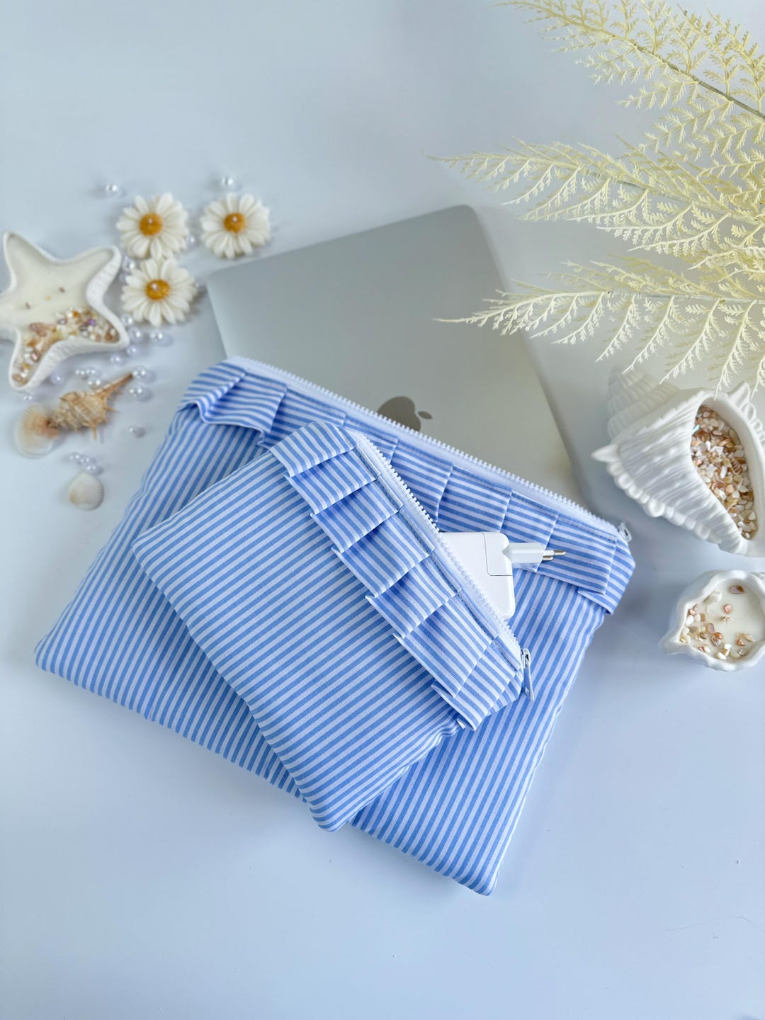 Handmade Blue Striped Laptop Sleeve With Ruffles: Beachy Computer Case ...