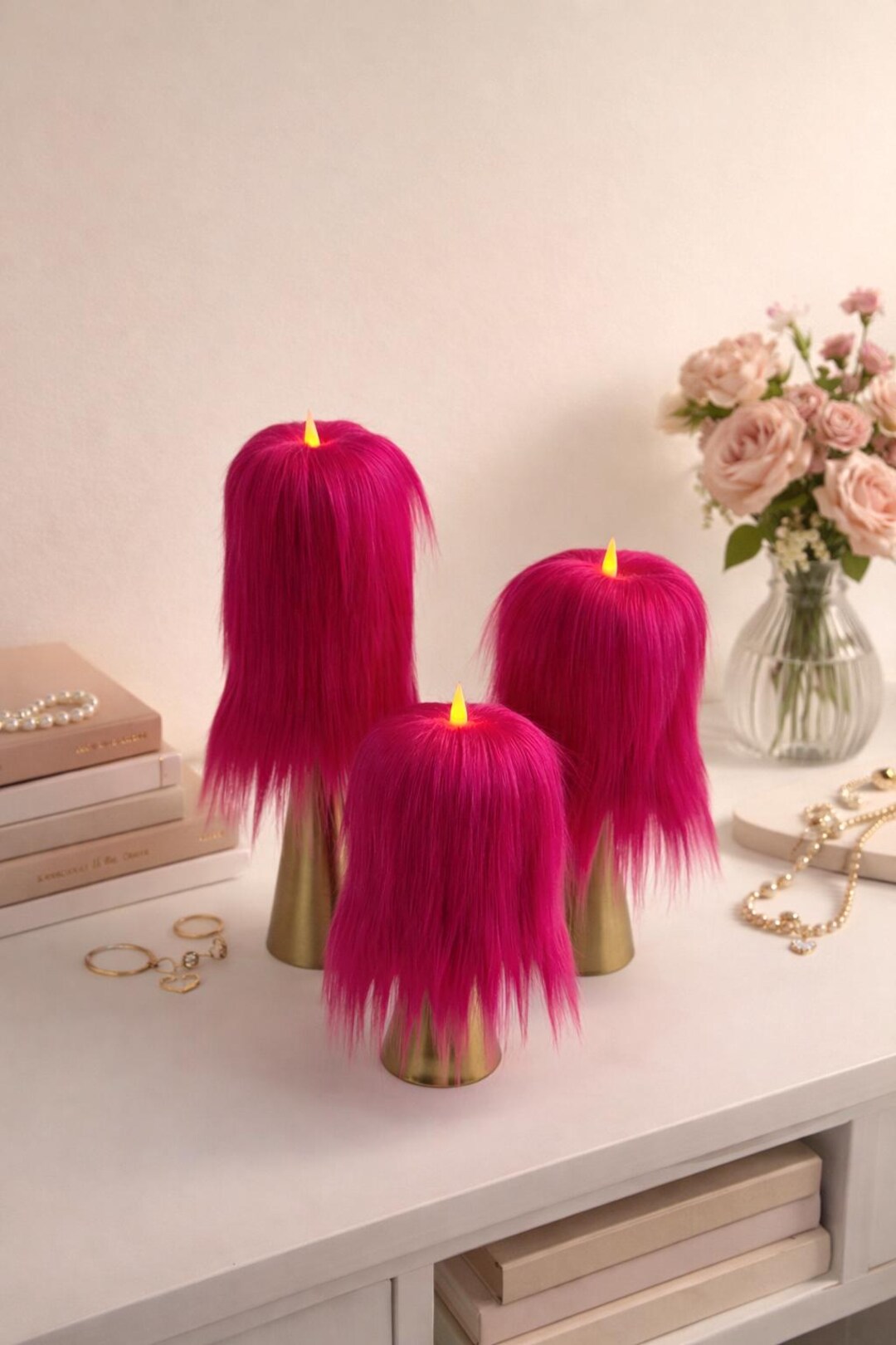 Fluffy Hot Pink Furry LED Pillar Candle, Luxury Flameless Glam Home ...