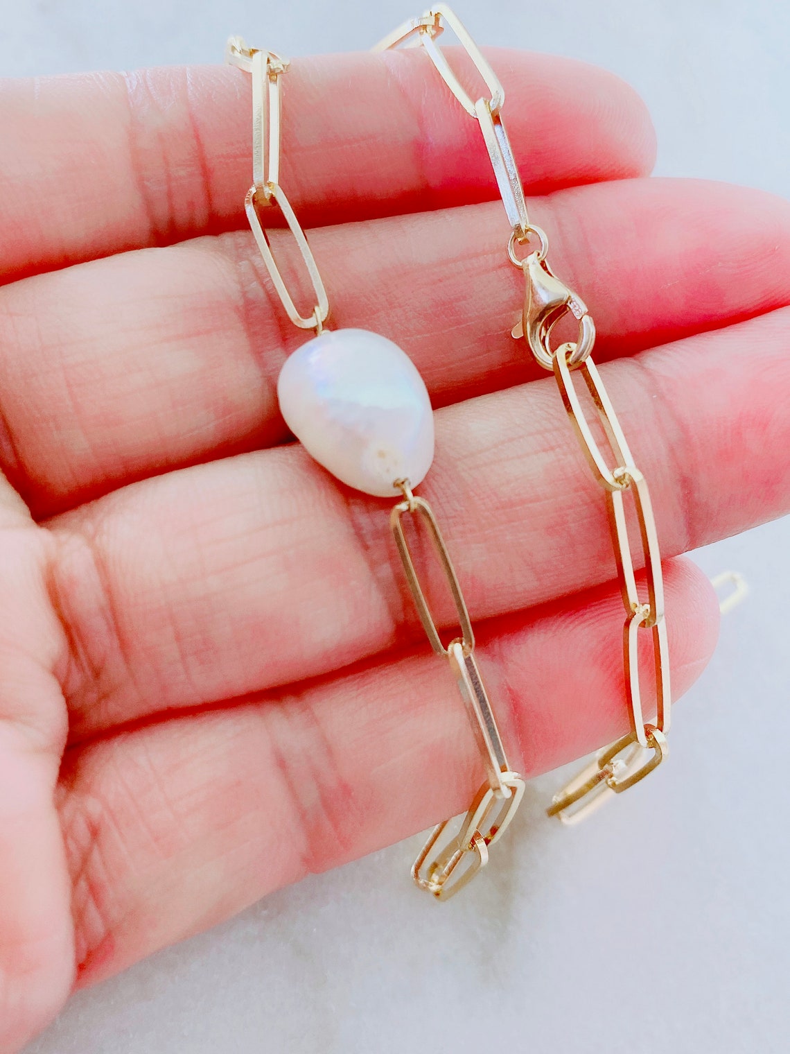 Wide Link Chain and Baroque Fresh Water Pearl Necklace Solid Sterling ...