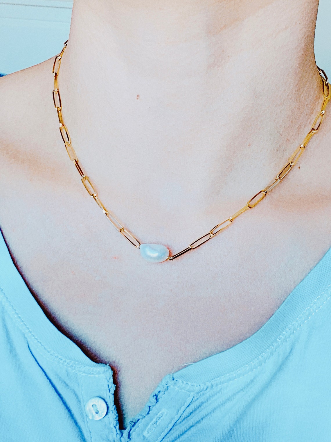 Wide Link Chain and Baroque Fresh Water Pearl Necklace Solid Sterling ...