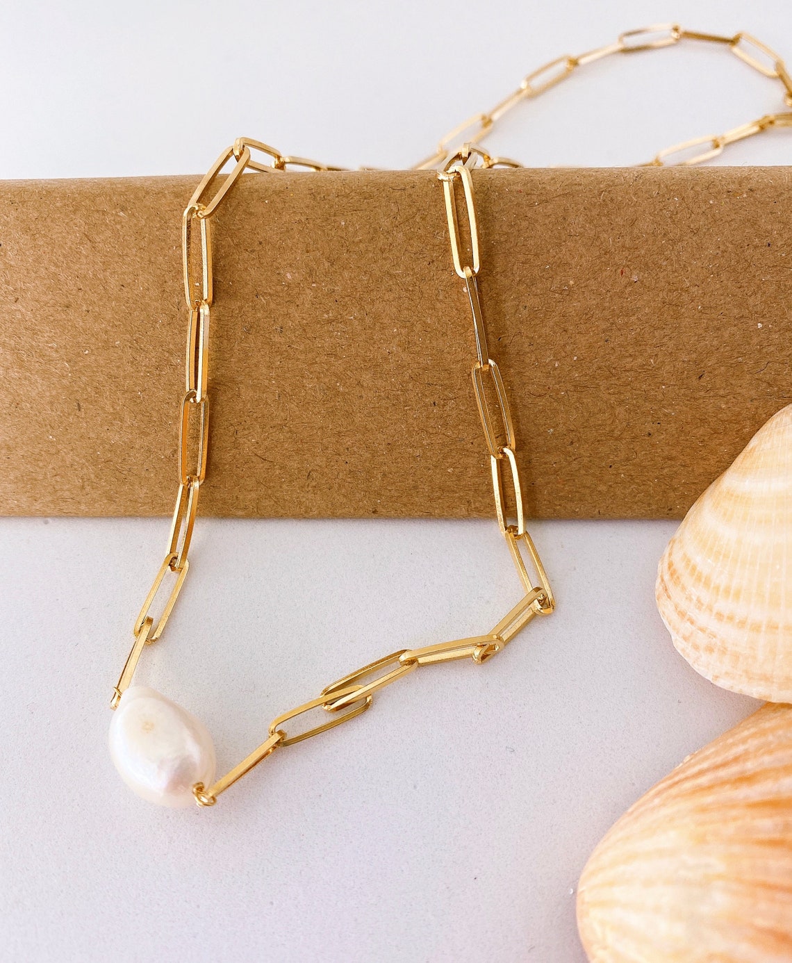 Wide Link Chain and Baroque Fresh Water Pearl Necklace Solid Sterling ...