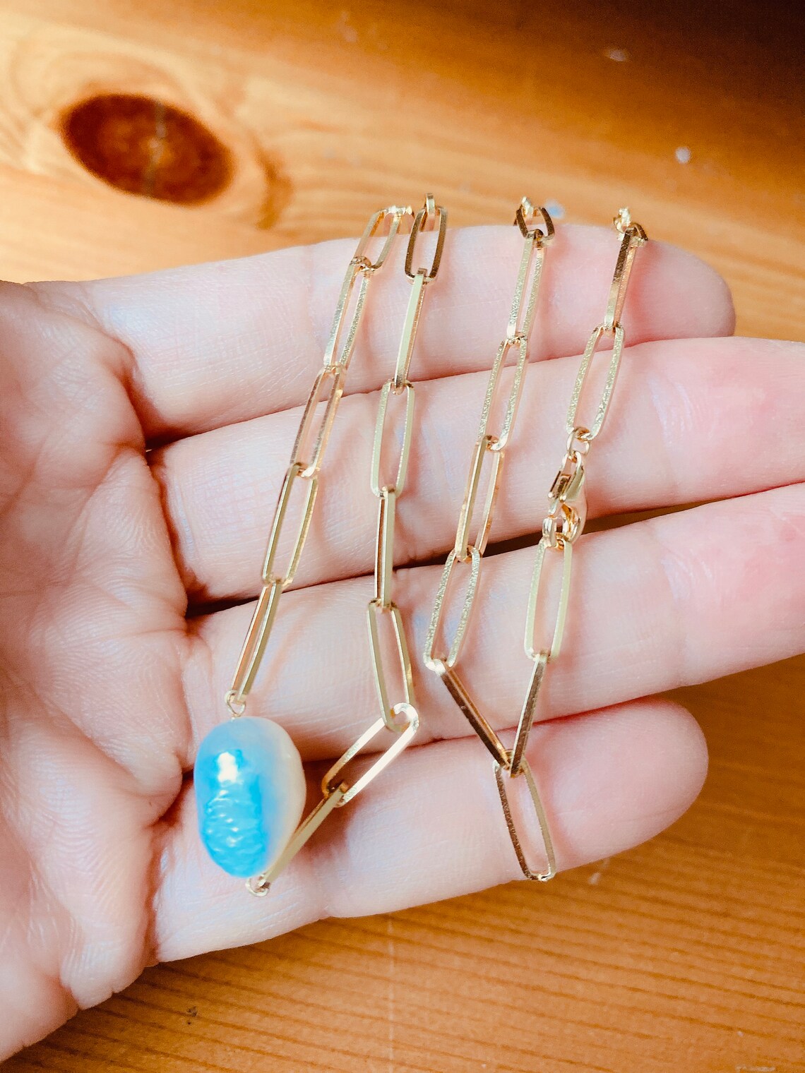 Wide Link Chain and Baroque Fresh Water Pearl Necklace Solid Sterling ...