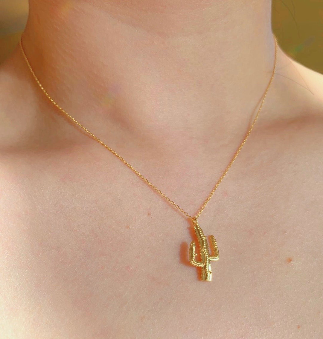 Saguaro Desert Cactus Sterling Silver 14K Gold Plated Pendant Necklace ...