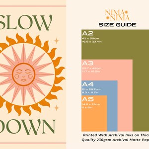 Slow Down Typographic Print, Boho Sun Wall Art, Yoga Meditation Poster, Motivational Quote ...