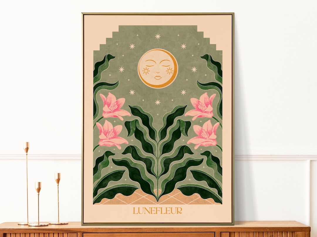 Botanical Moon Print, Flower Poster, Floral Wall Art, Celestial Lunar ...