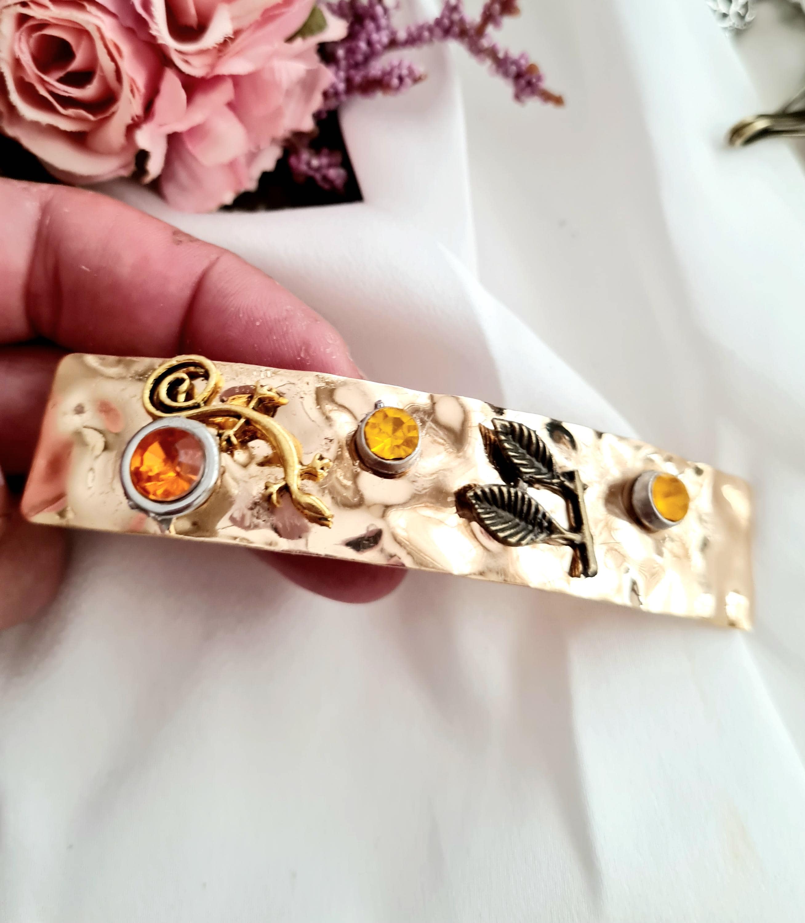 Large Gold Minimalist Barrette With Crystal, Art Deco, Sparkly, Minimal ...
