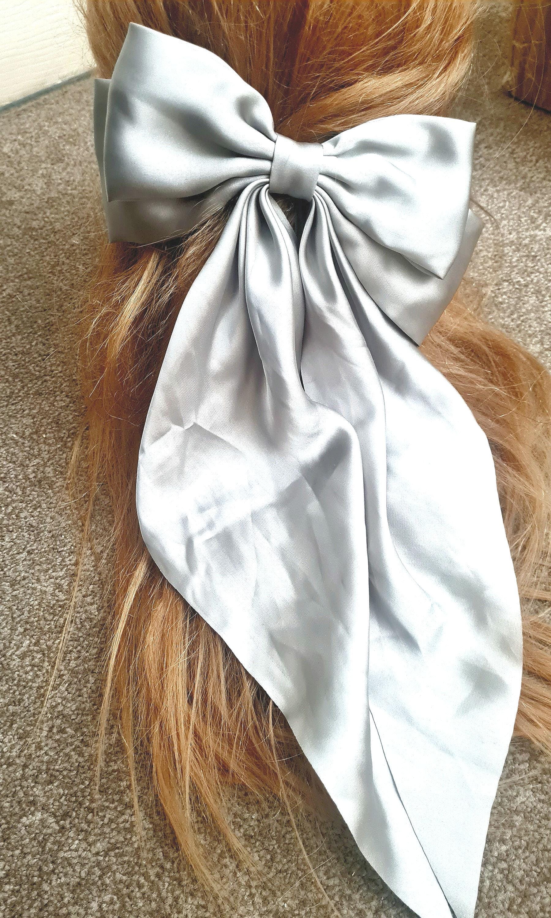 Silver Oversize Satin Bow Barrette. Large Bow Clip.bridal, Long Tail ...