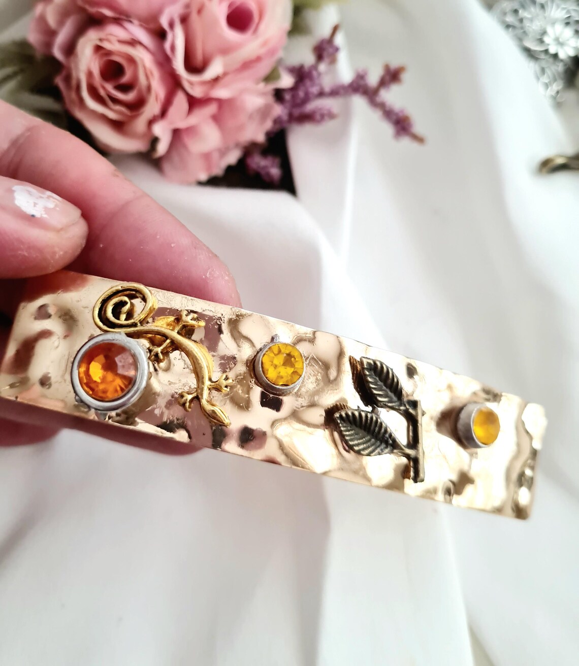 Large Gold Minimalist Barrette With Crystal, Art Deco, Sparkly, Minimal ...