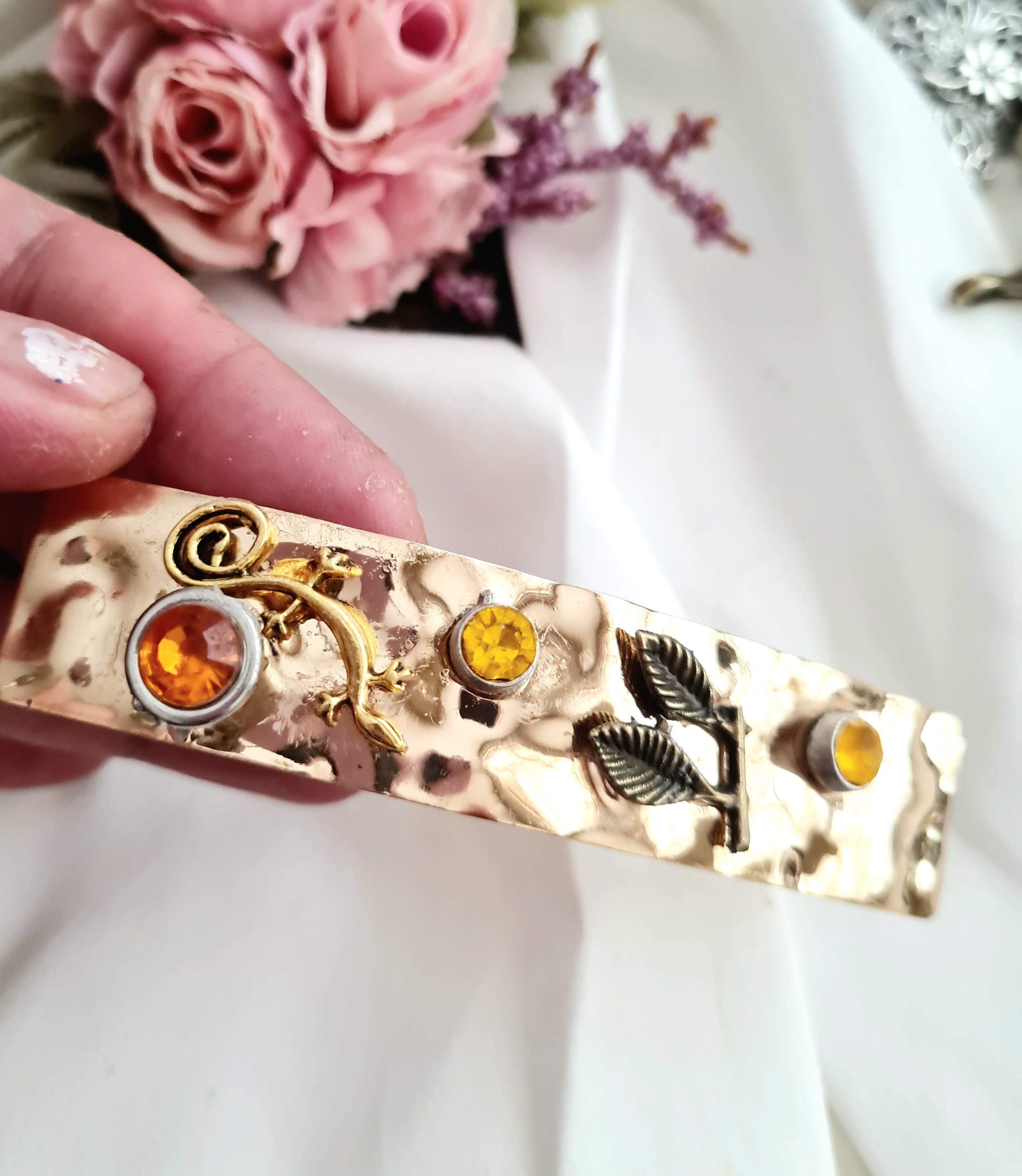 Large Gold Minimalist Barrette With Crystal, Art Deco, Sparkly, Minimal ...