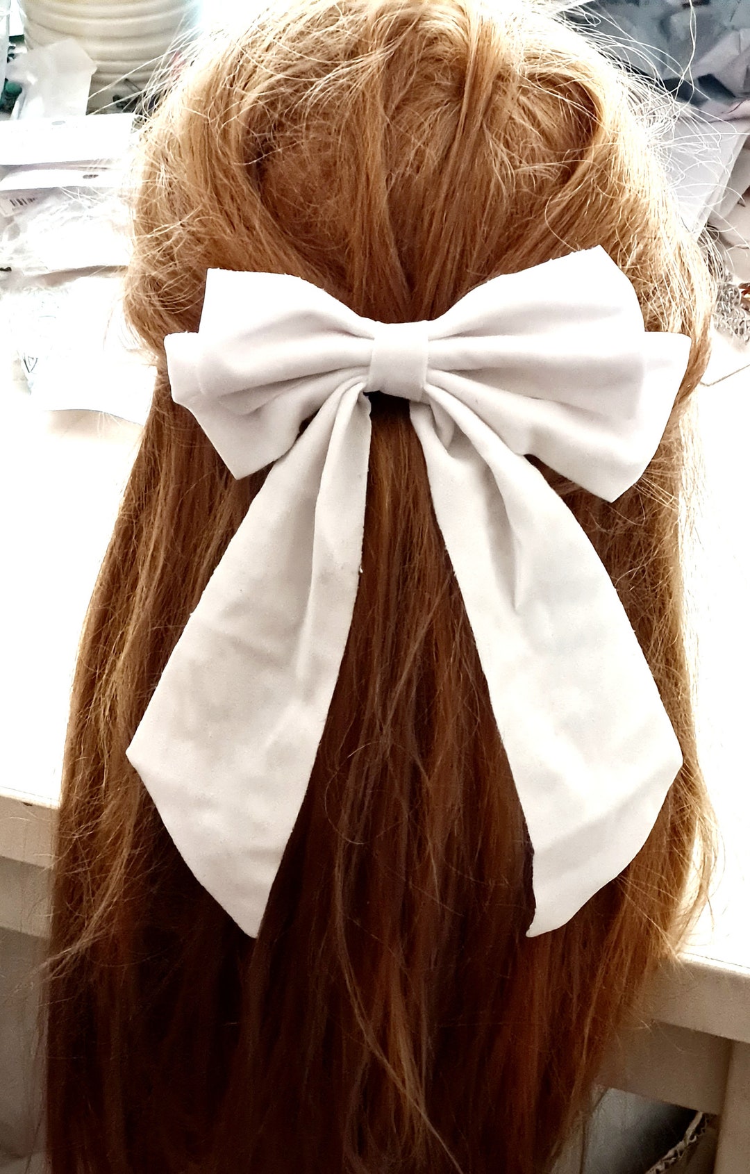 White Velvet Bow,large, Bridal, Long Tail, Christmas Hair Bow, Women's ...
