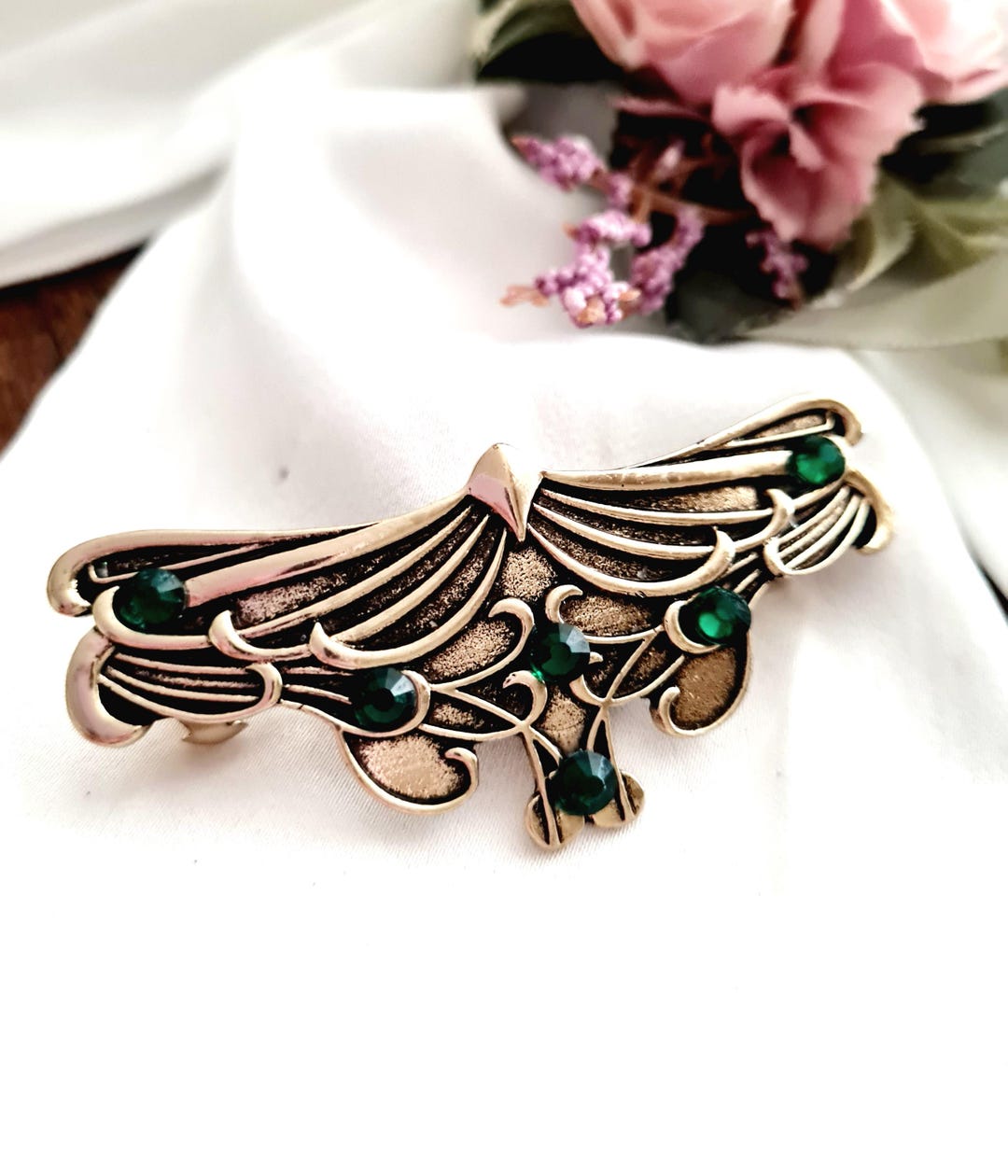 Emerald Crystal Gold Moth Barrette,halloweenceltic Viking, Gothic ...