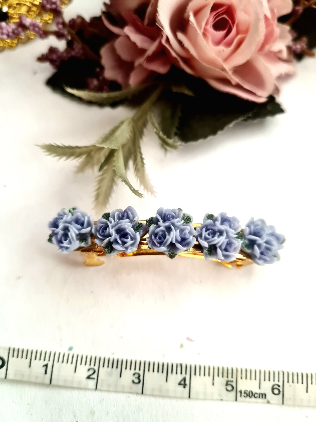 Blue Flowers Gold French Barrette, Small Floral Barrette, Handmade ...