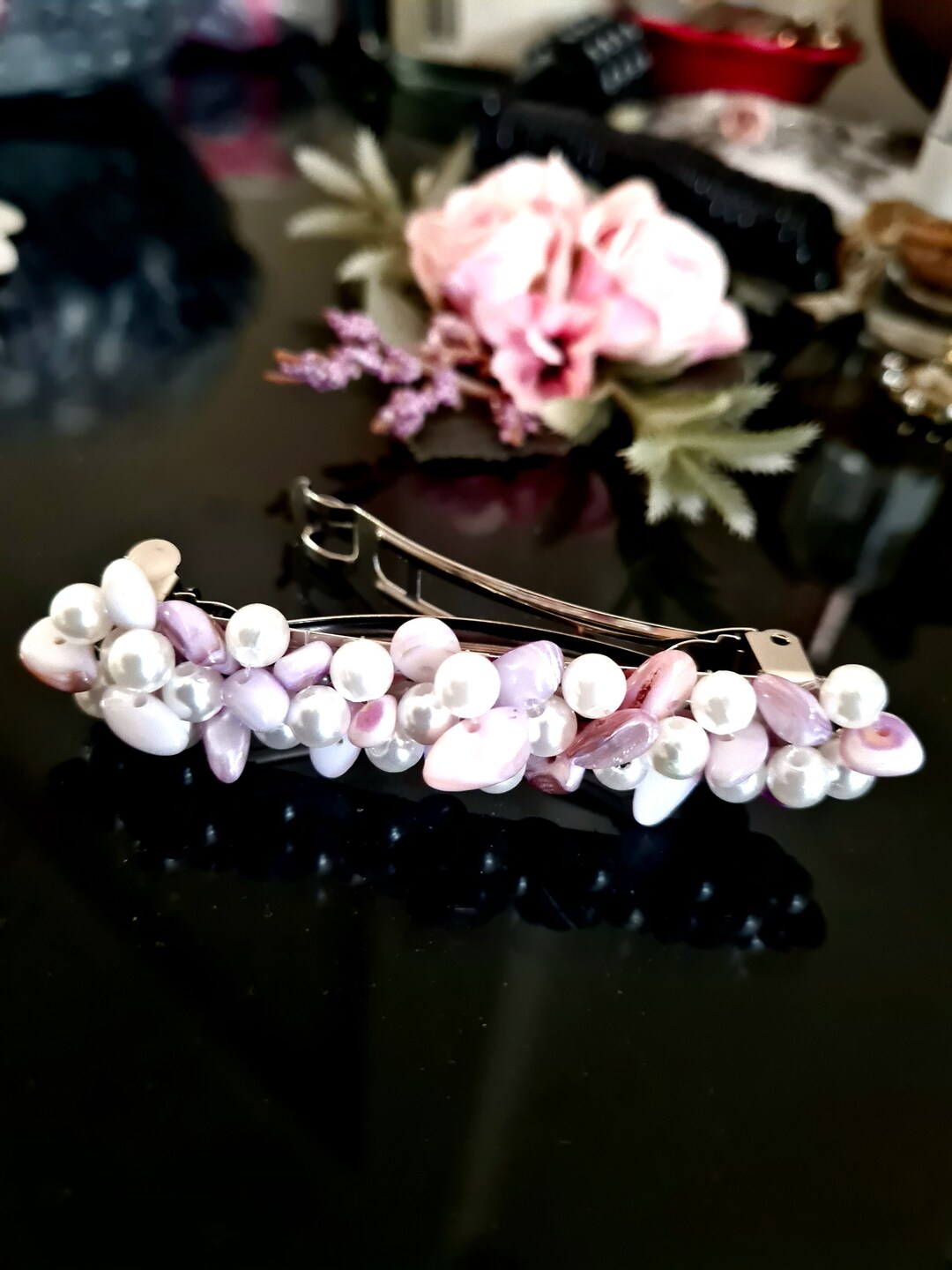 Mother of Pearl Barrette, Bridal Hair Barrette, Light Pink and White ...