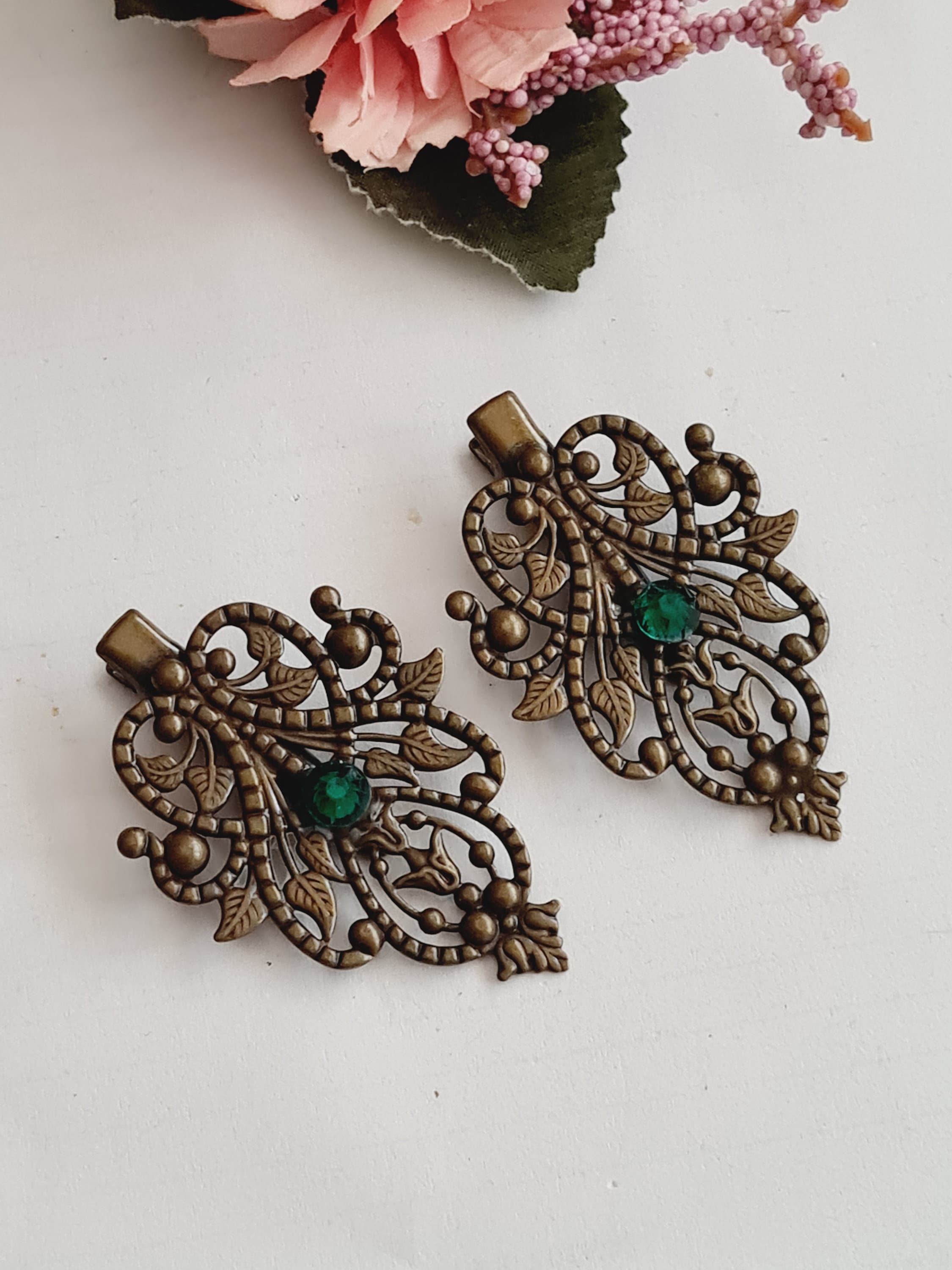 Pair of Ancient Bronze Filigree Hair Clips,emerald Rhinestone, Handmade ...