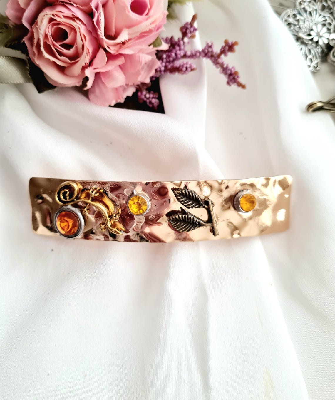 Large Gold Minimalist Barrette With Crystal, Art Deco, Sparkly, Minimal ...