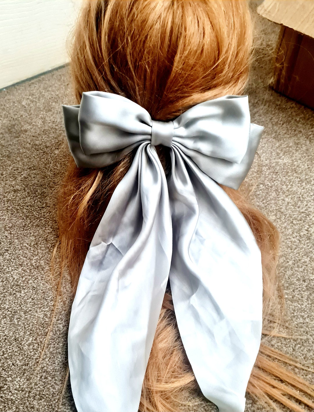 Silver Oversize Satin Bow Barrette. Large Bow Clip.bridal, Long Tail ...
