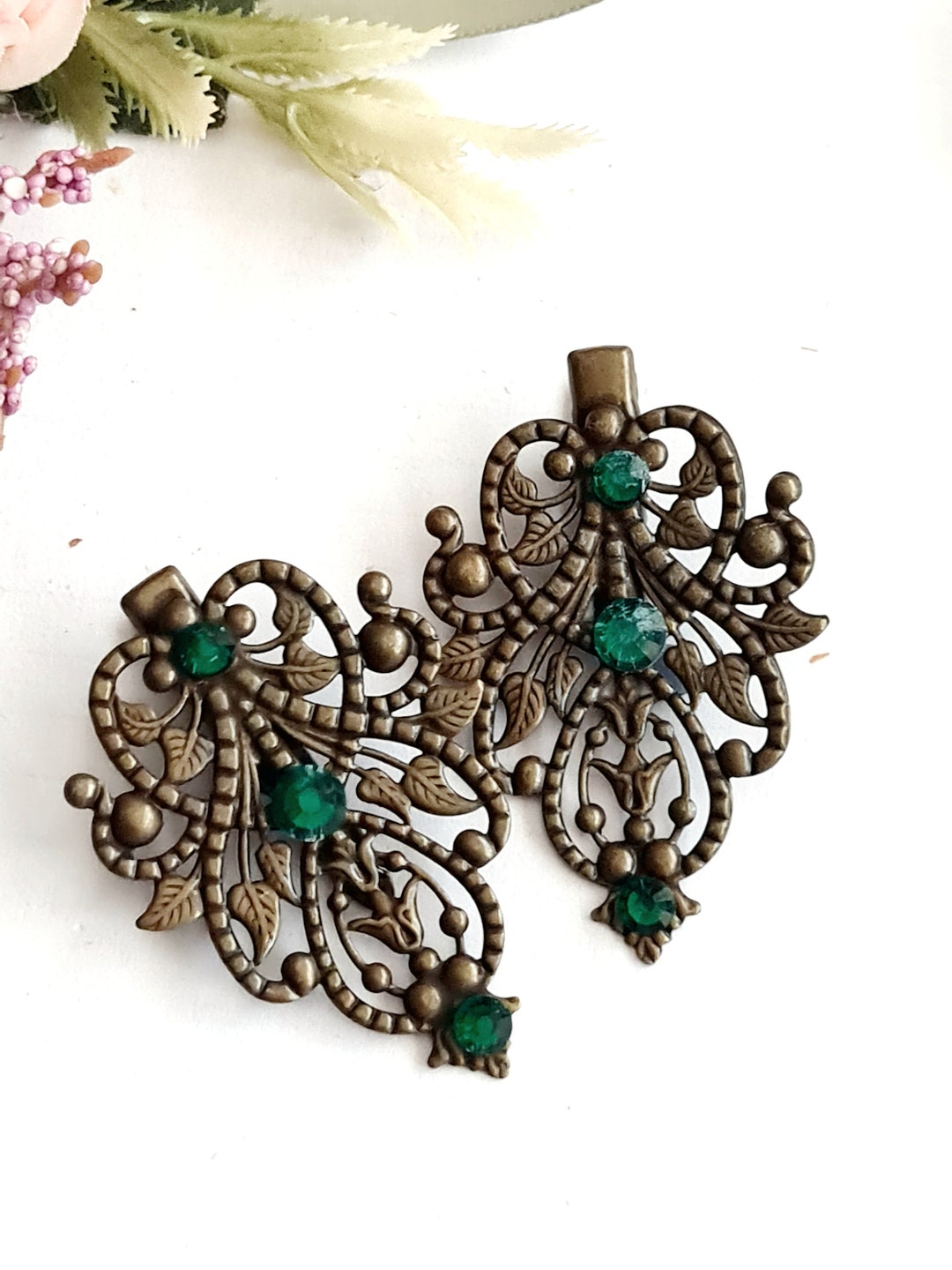 Pair of Ancient Bronze Filigree Hair Clips,emerald Rhinestone, Handmade ...