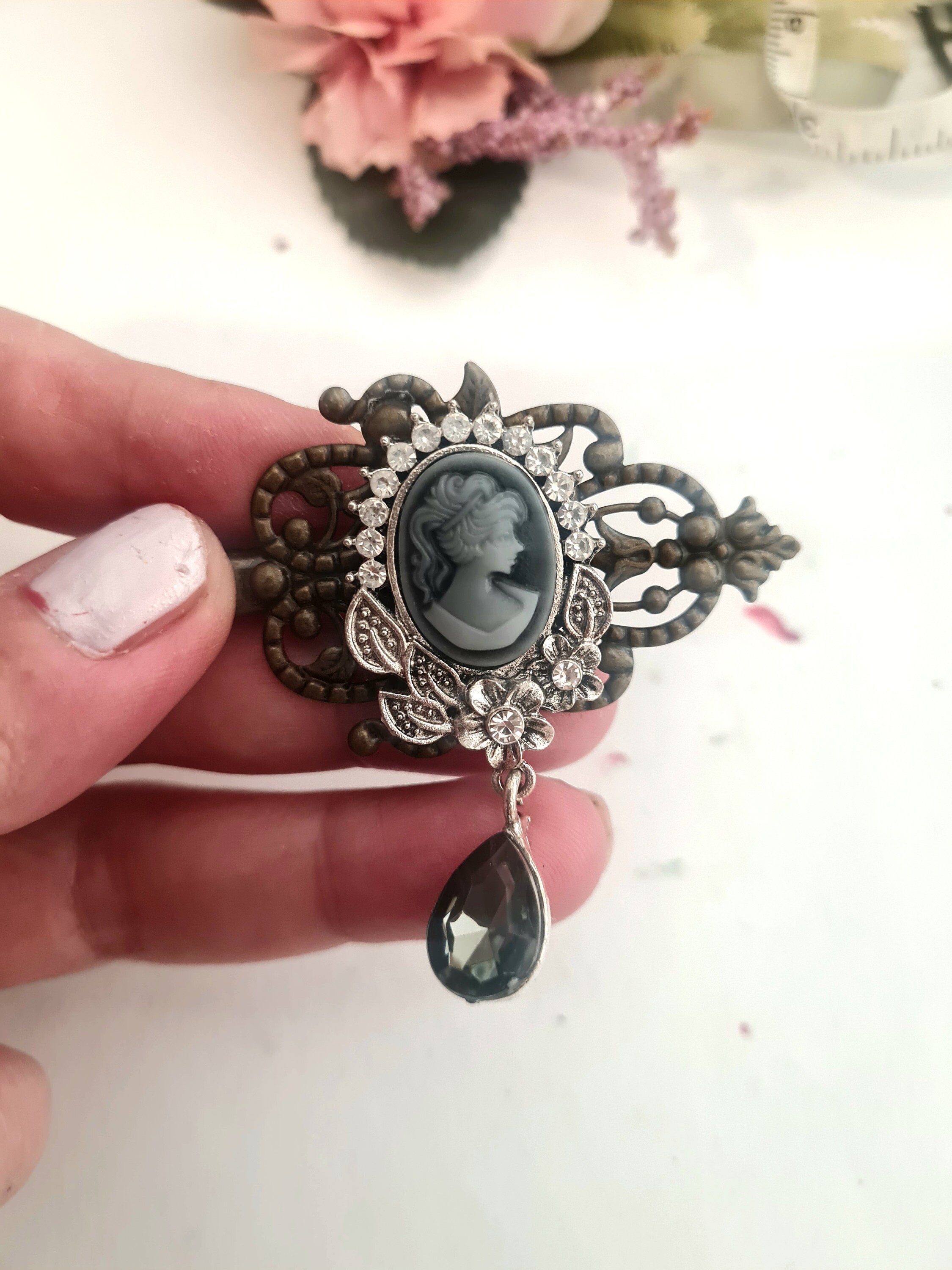 Ancient Bronze Cameo Hair Clip, Antique Look Filigree Barrette ...