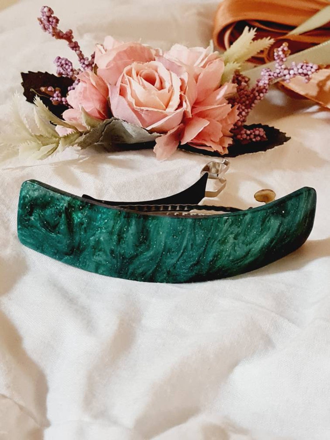 Emerald Green Hair Barrette, Large, Curved,vintage Style,resin, High ...