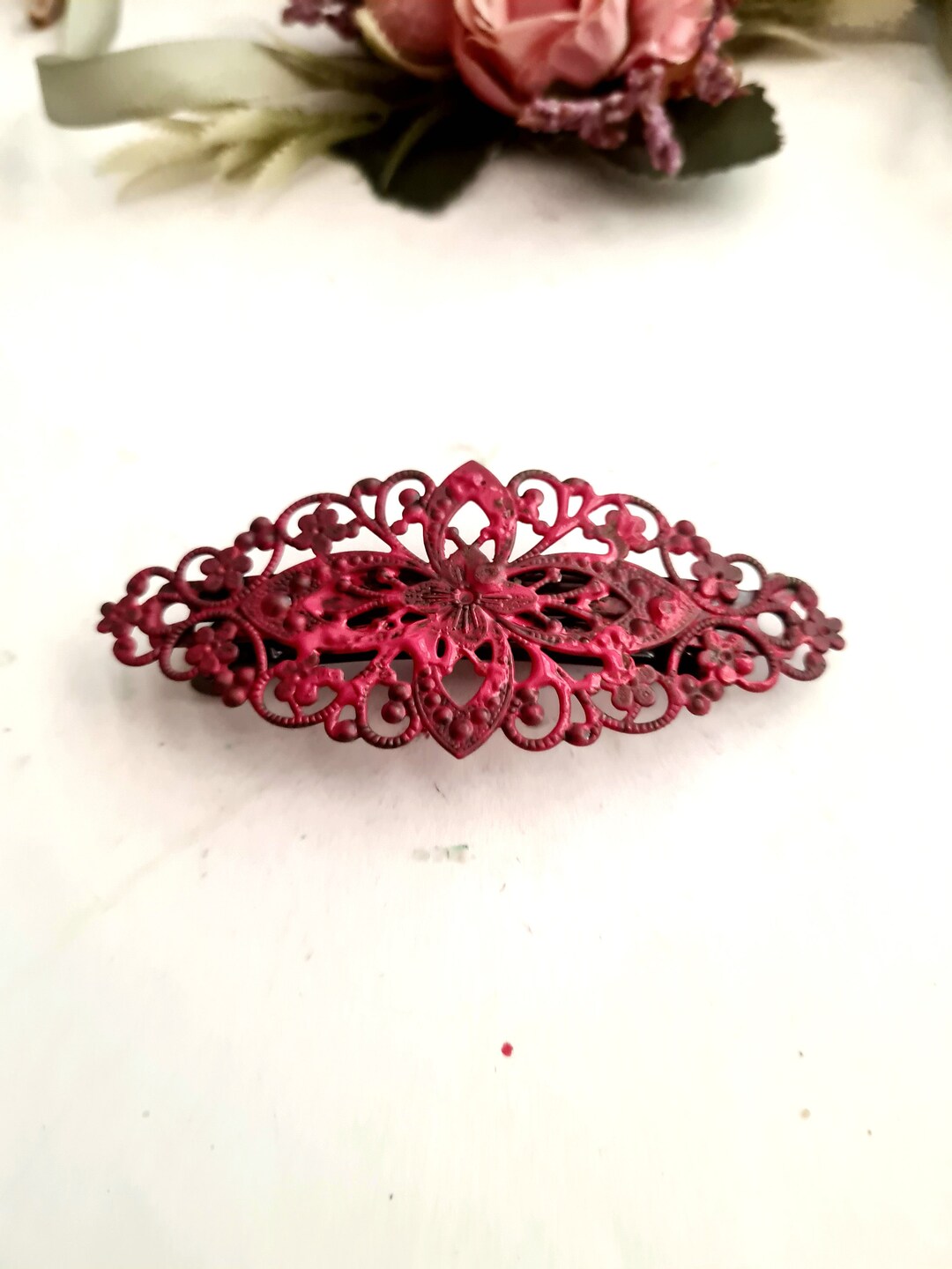 Red Gothic Hair Barrette,filigree,ancient Bronze and Red,handmade ...