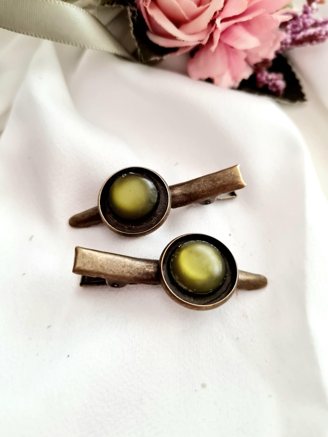 Pack of Antique Bronze Hair Clips,vintage Inspired, Green Natural Stone ...