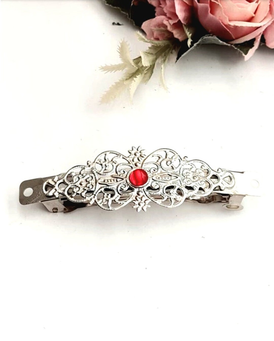 Silver Plated Red Gemstone Barrette Filigree Handmade - Etsy