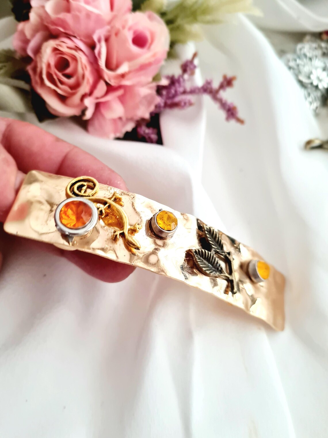 Large Gold Minimalist Barrette With Crystal, Art Deco, Sparkly, Minimal ...