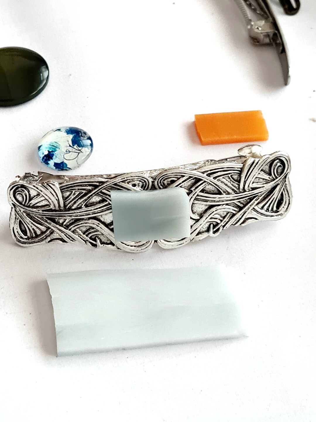 Ancient Silver Marble Blue Celtic Viking Barrette, Fused Glass,unique ...
