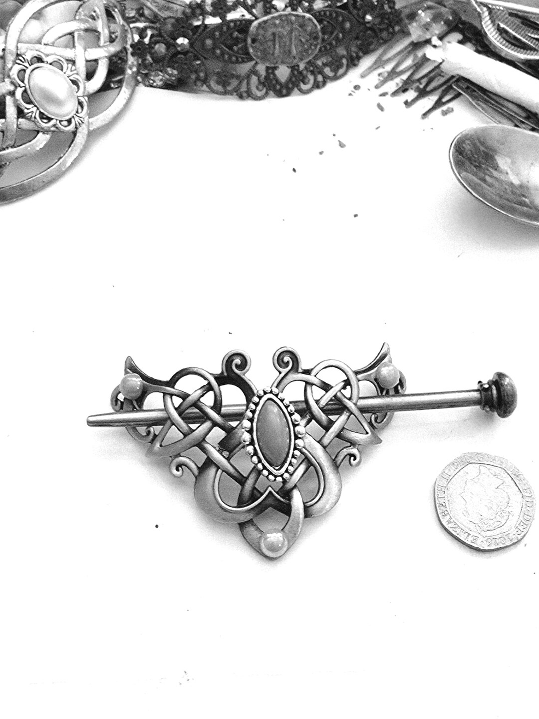 Silver Celtic Knot Hair Pin With Grey Stones, Handmade Bun Holder - Etsy