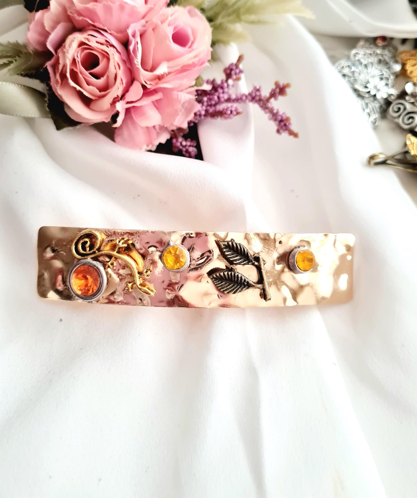 Large Gold Minimalist Barrette With Crystal, Art Deco, Sparkly, Minimal ...