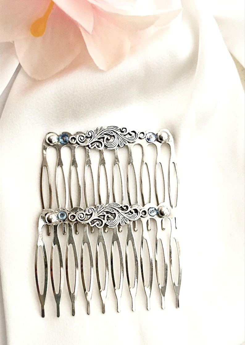 Set of 2 Vintage Inspired Silver Hair Comb With Blue Gemstones, Sparkly ...