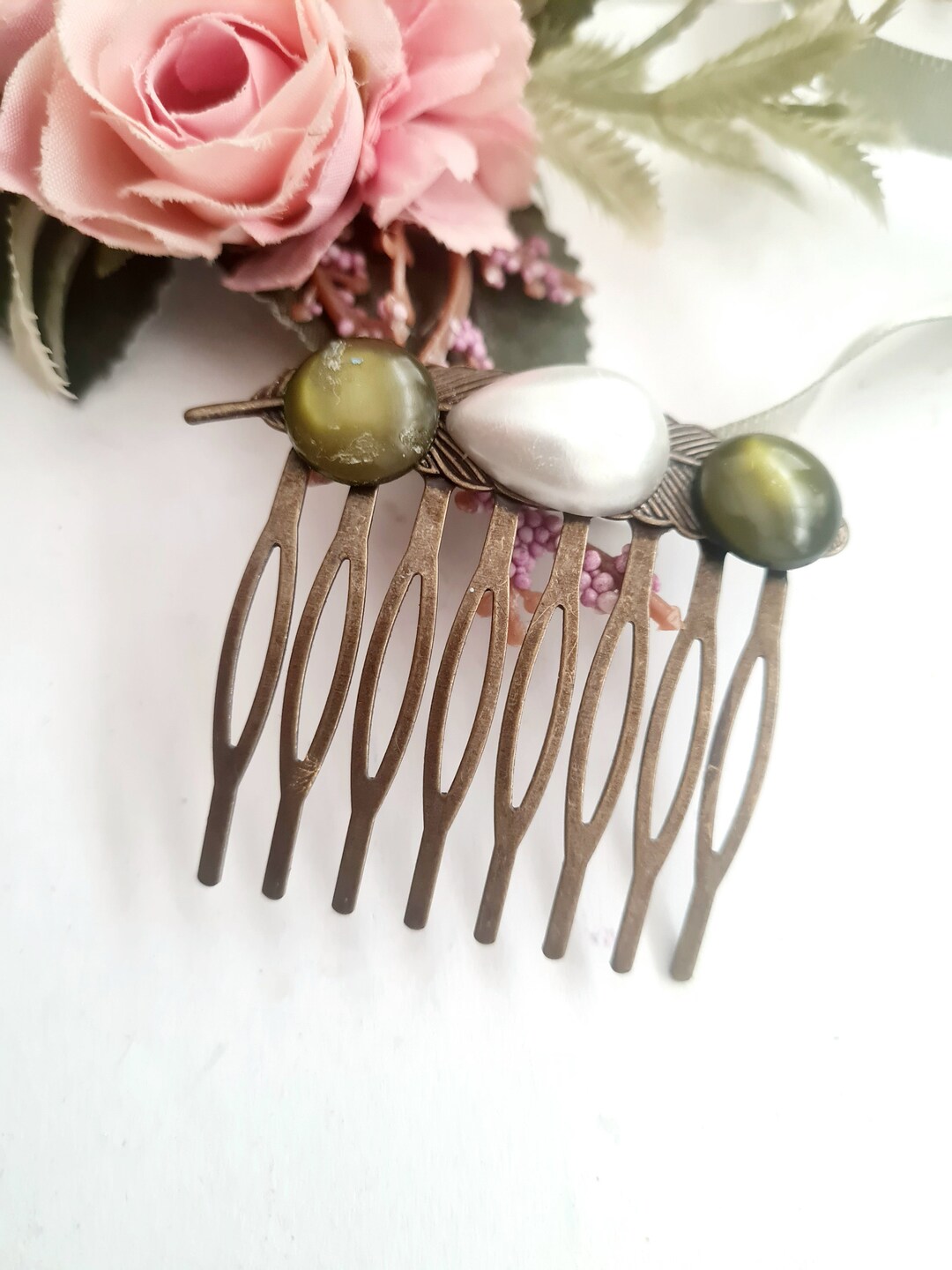 Ancient Bronze Small Green Gemstone Hair Comb,antique, Handmade,pearl ...
