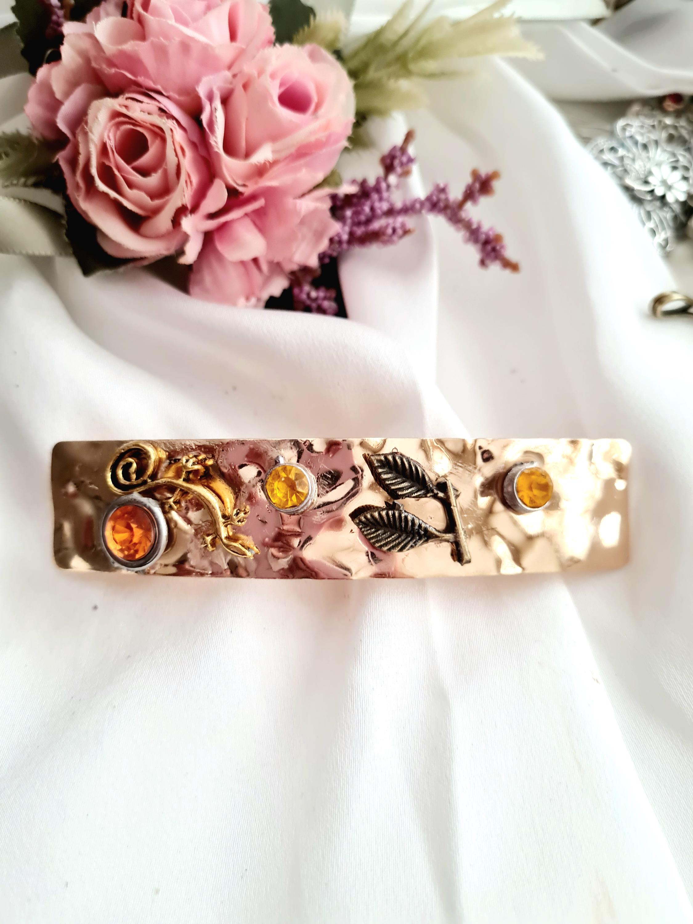 Large Gold Minimalist Barrette With Crystal, Art Deco, Sparkly, Minimal ...